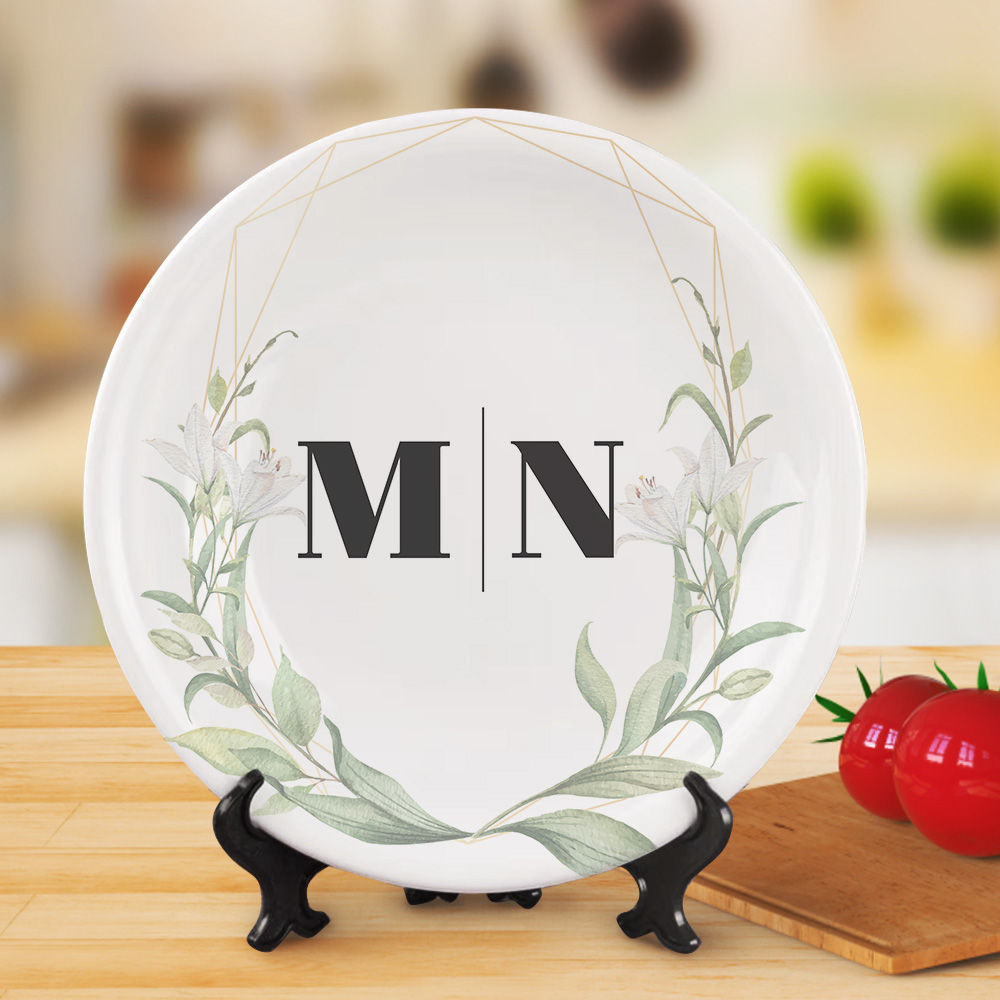 Custom Printed Flower Two Initials Ceramic Dinner Plates | MadeMine
